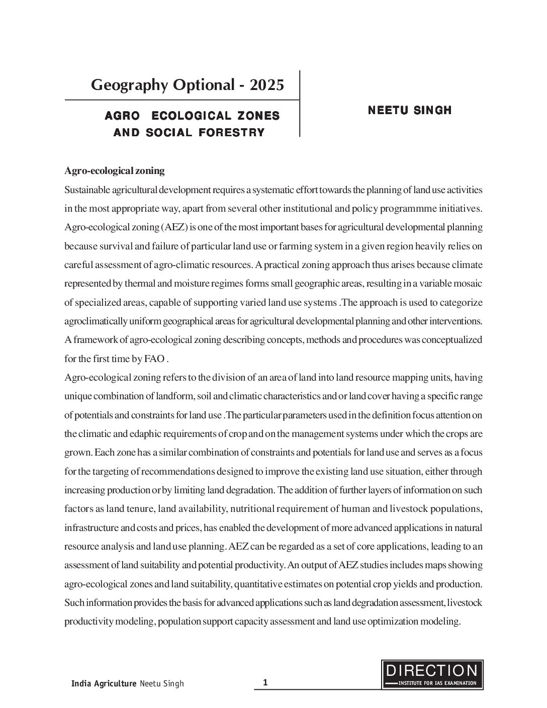 Agro Ecology Zones - Direction Institute for Geography Optional